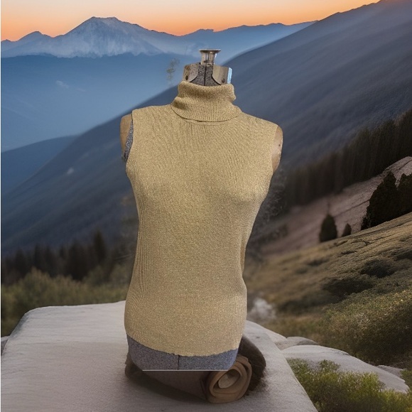 Tops | Gold Metallic Threaded Silk Blend Sleeveless Turtleneck Sweater ...